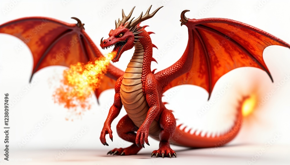 Fiery red dragon breathes flames. Mythical creature with large wings ...