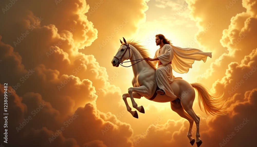 Jesus Rides White Horse High Above Golden Clouds Divine Presence