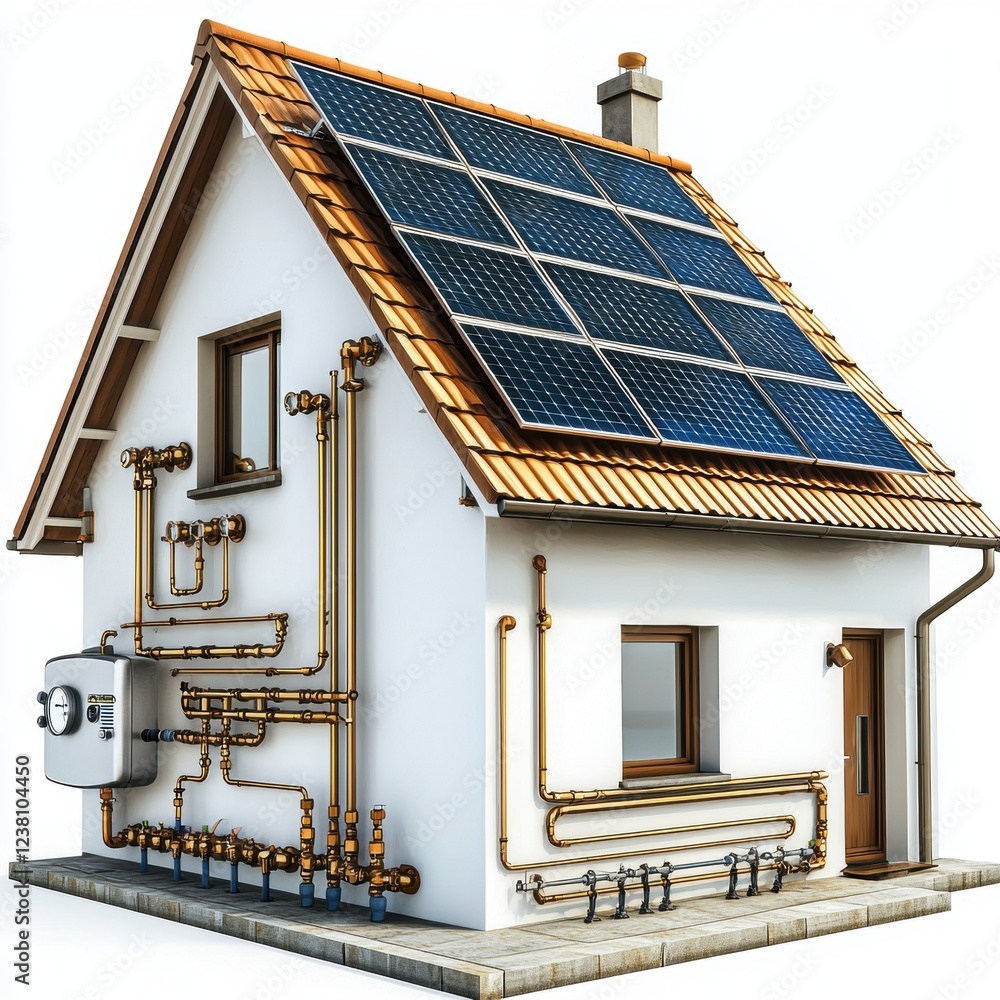 Solar water heater system with pipes connected to a modern house ...
