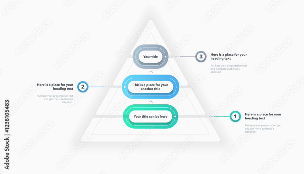 Triangle pyramid chart template with three colorful steps. Infographic diagram divided into ...