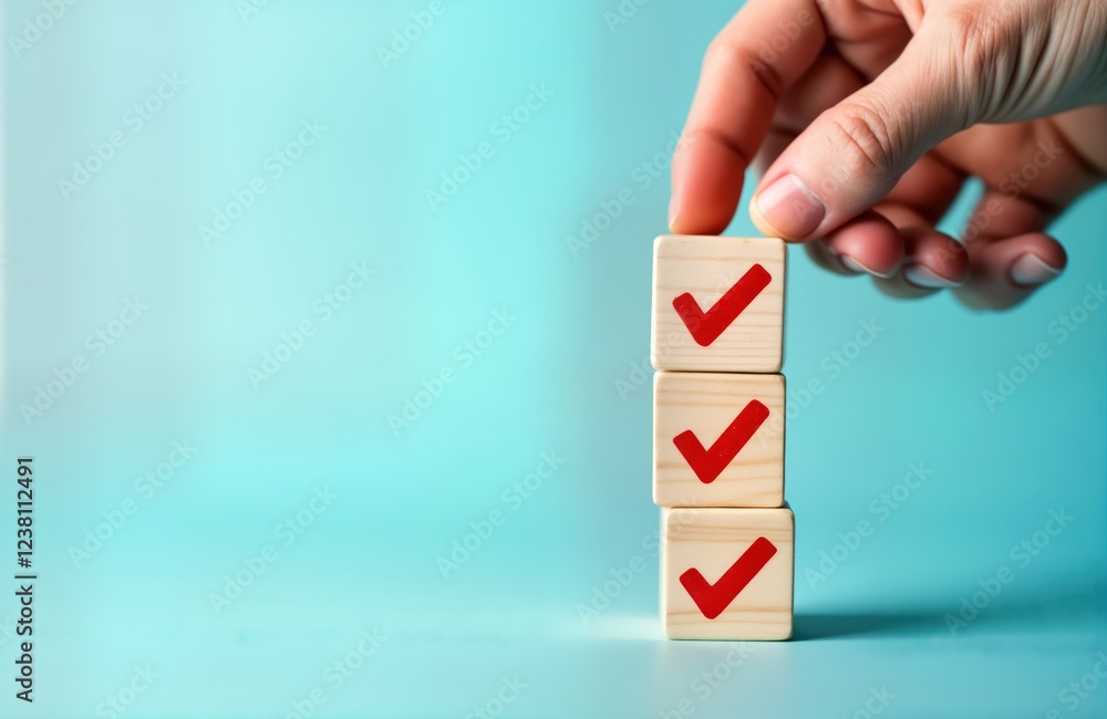 Hand places wooden cube with red check mark on top of stack. Simple ...