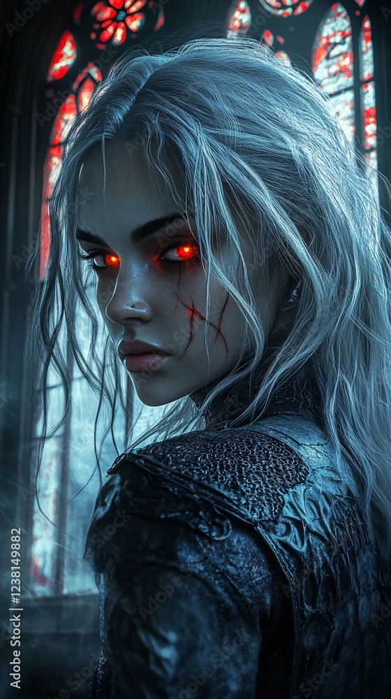 Ethereal Vampire with Piercing Crimson Gaze in Gothic Church, Dark ...