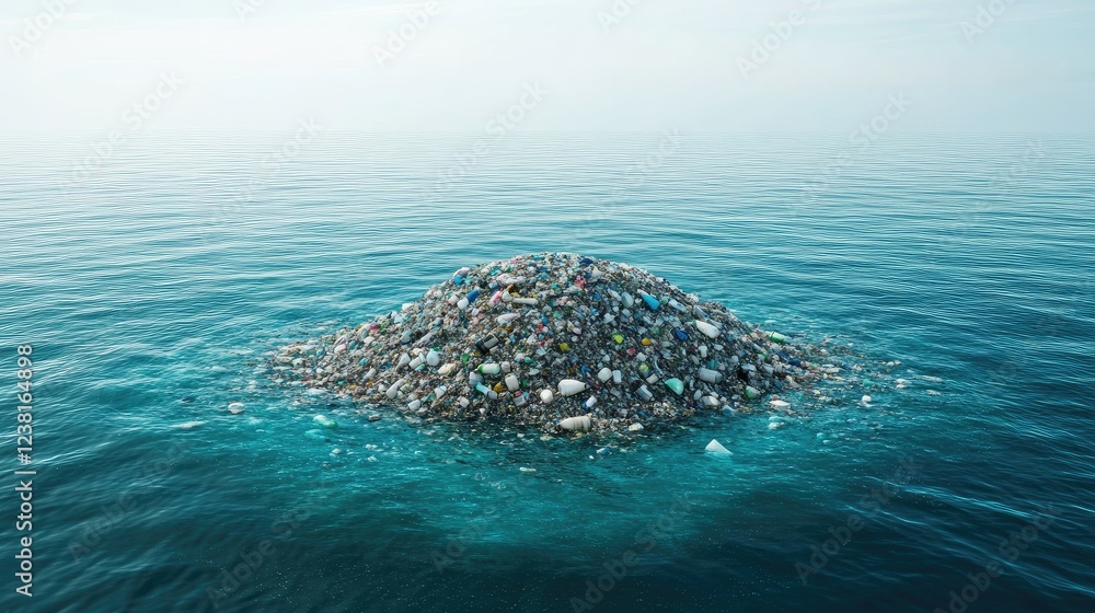 Wide ocean scene with a floating garbage island breaking the horizon, emphasizing the growing ...