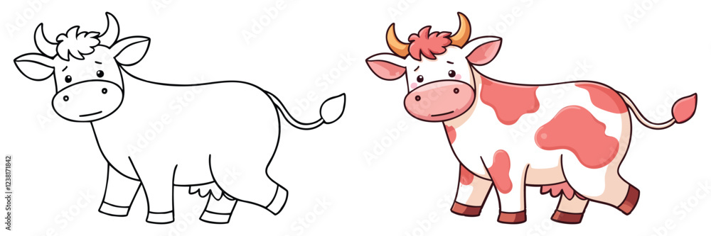 Cute Kawaii Ox or Cow line art with fill-colored sample Printable ...