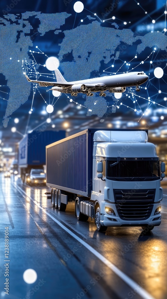 Digital blue map showcasing a global transportation network with cargo ...