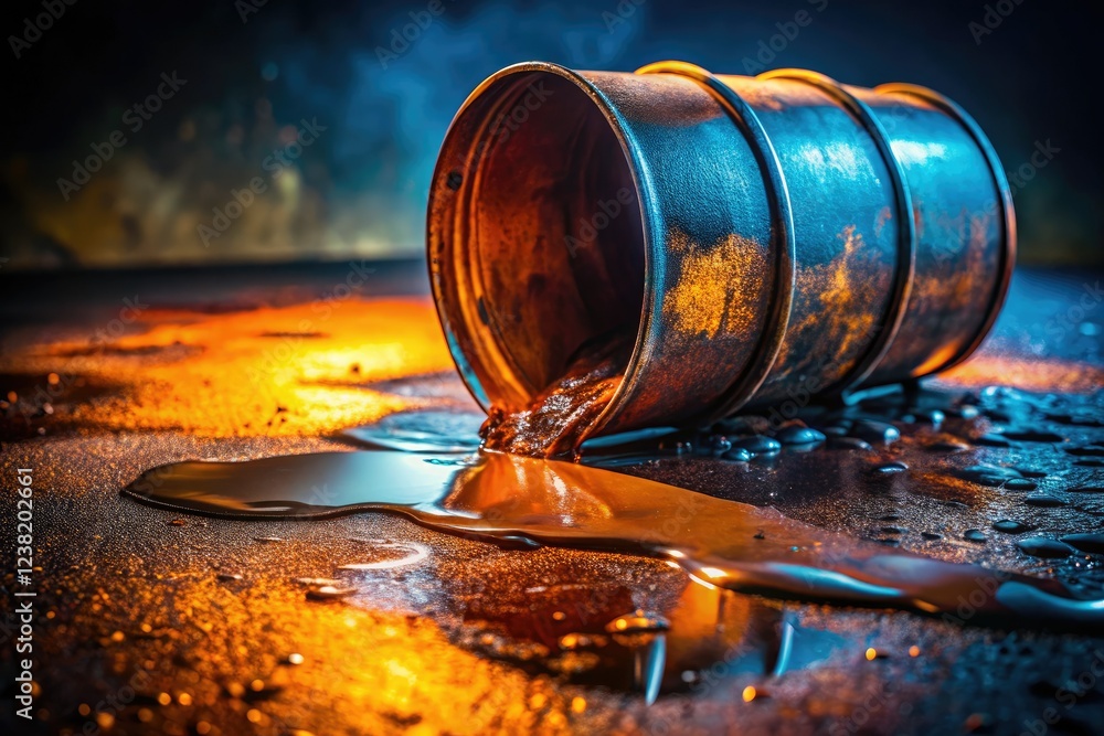 Dark, metallic barrel leaks oil; high-contrast close-up reveals the ...