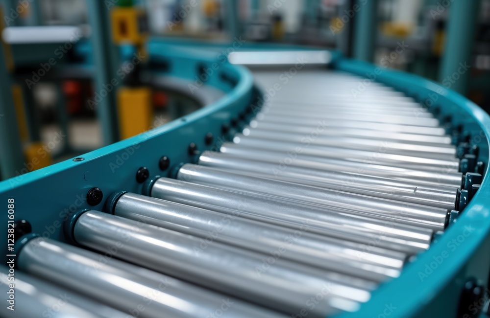 Close-up view of curved roller conveyor system. Metal rollers aligned ...