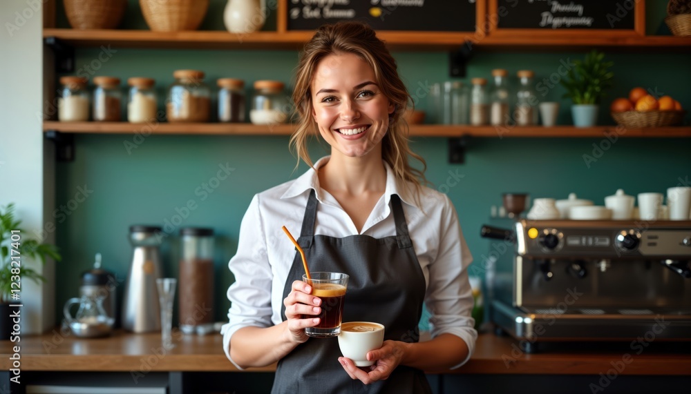 Friendly barista with warm smile stands in coffee cafe. Holds take away ...