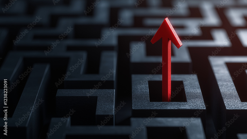 red arrow pointing upward emerges from black maze, symbolizing ...
