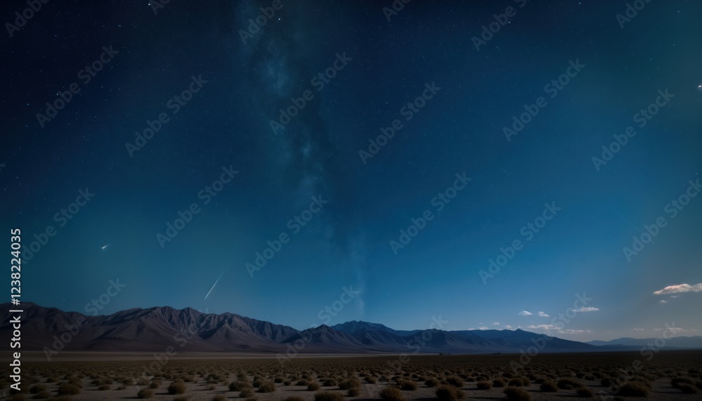 Starry night sky over desert landscape. Mountains line horizon. Night ...