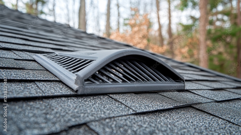 Black roof vent with arched cover, installed on asphalt shingles ...
