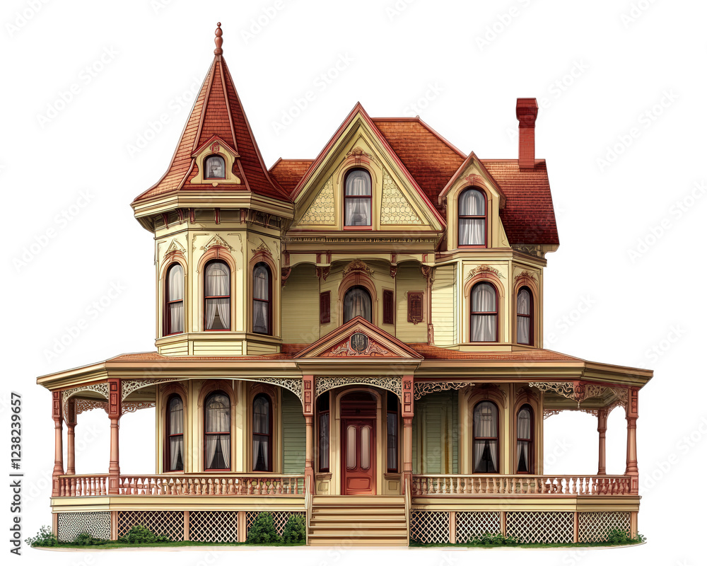 Victorian style mansion with intricate architecture, featuring turret ...