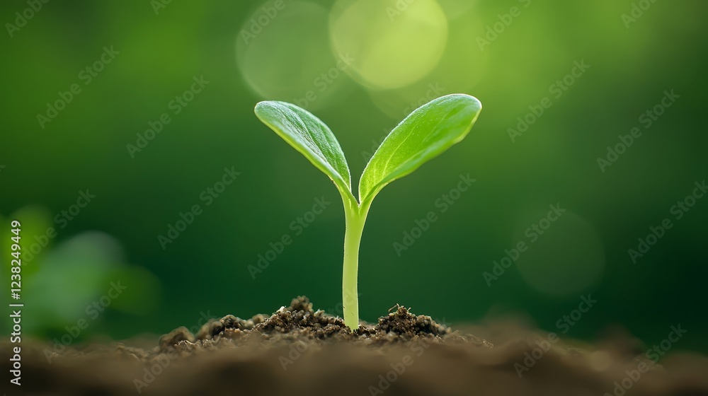 New life emerging, tiny plant sprout reaching for sunlight in rich soil ...