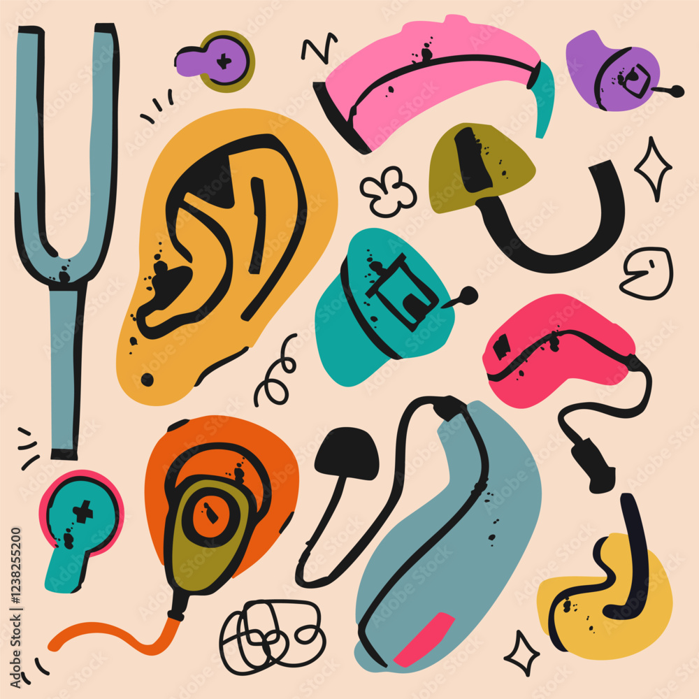 Set of different types of hearing aids. Ear, tuning fork, batteries ...