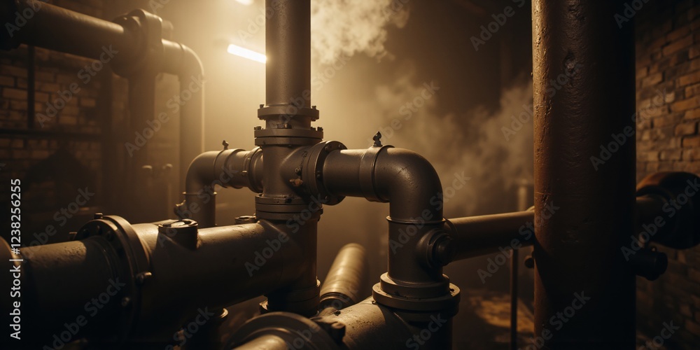 Intricate network of aged industrial pipes, steam hissing, dimly lit ...