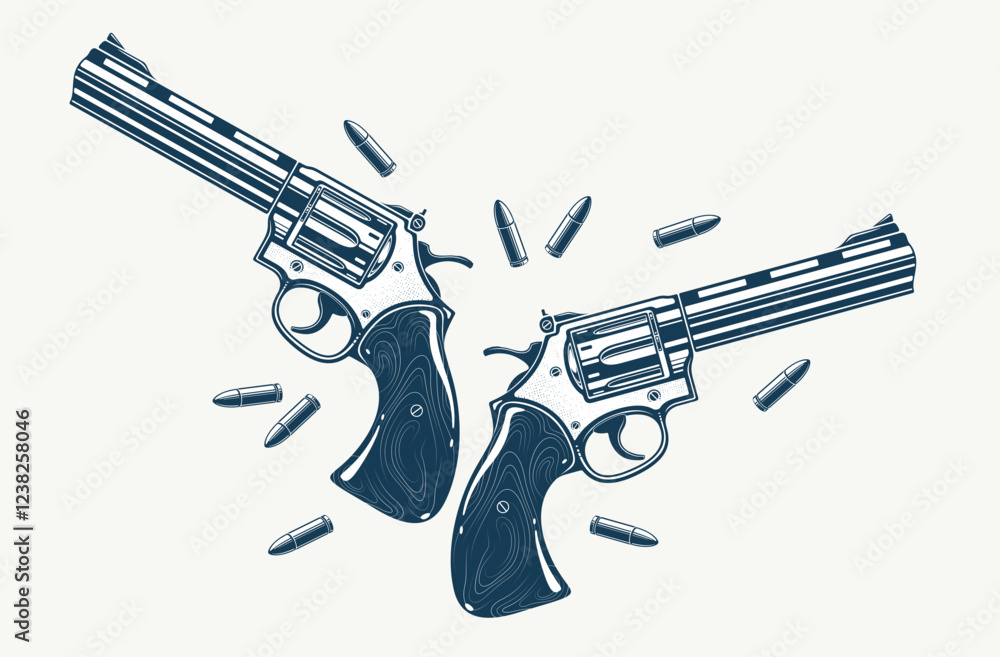 Detailed revolvers shotguns and bullets vector illustration in a ...