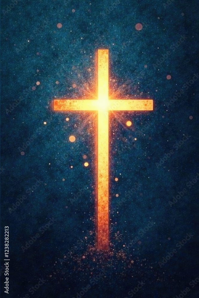 Light beam shining through a cross on a dark blue textured background ...