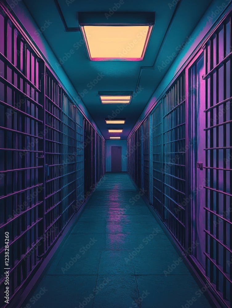 Dark corridor with prison cells illuminated by neon lights at nighttime ...