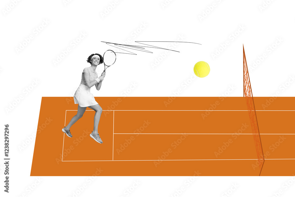 Creative collage picture young cheerful girl tennis player ball ...