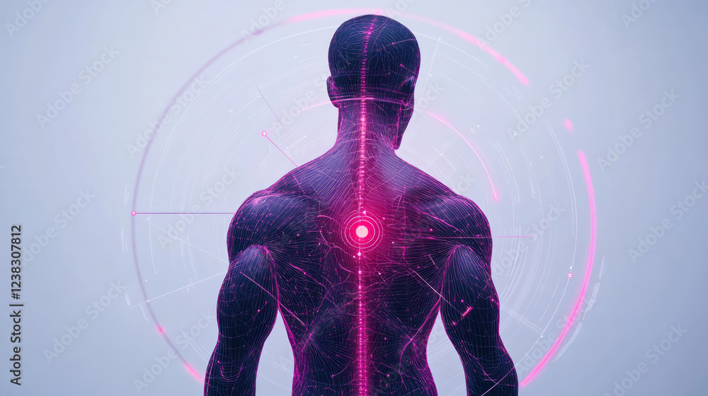 A bold, vertical layout depicting a fully digitized body from the front ...