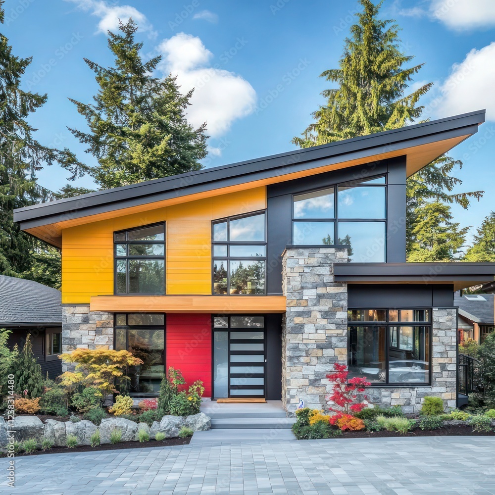 Bold modern house with flat rooflines stone facade and bright accent ...