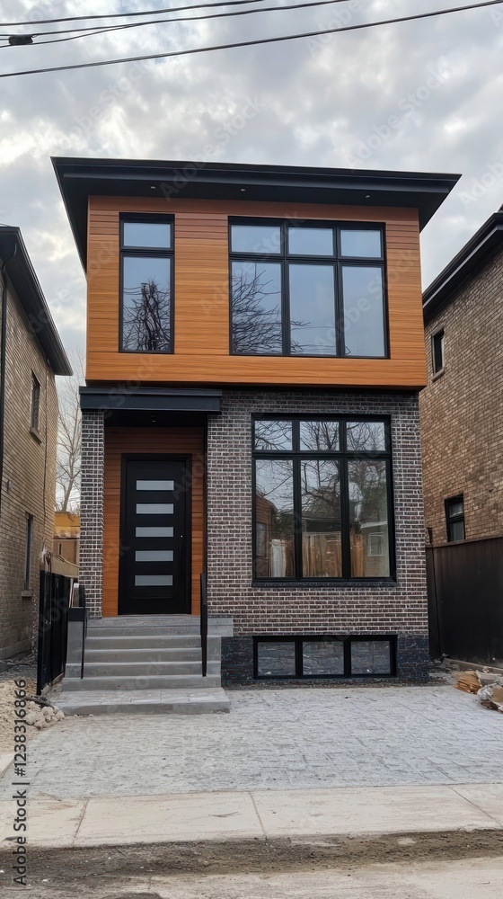 Charming two-story house front elevation with a mix of brick and wood ...