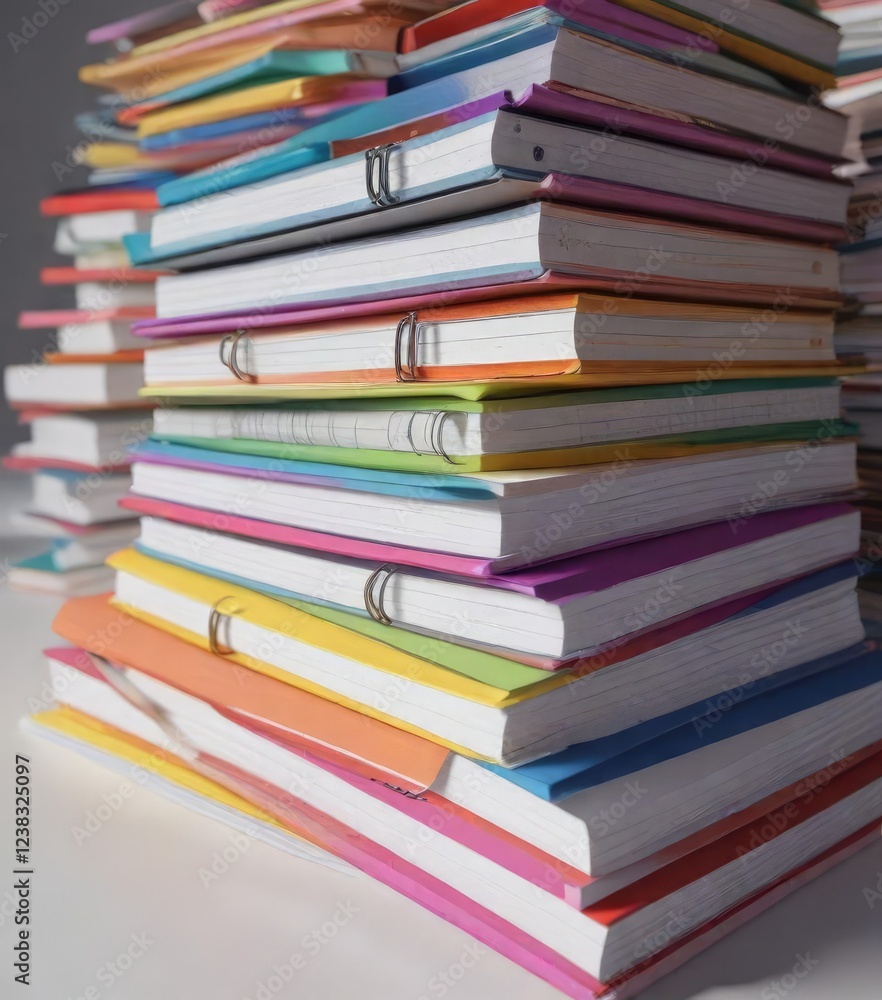 Stacked notebooks with brightly colored rings and pages visible through ...