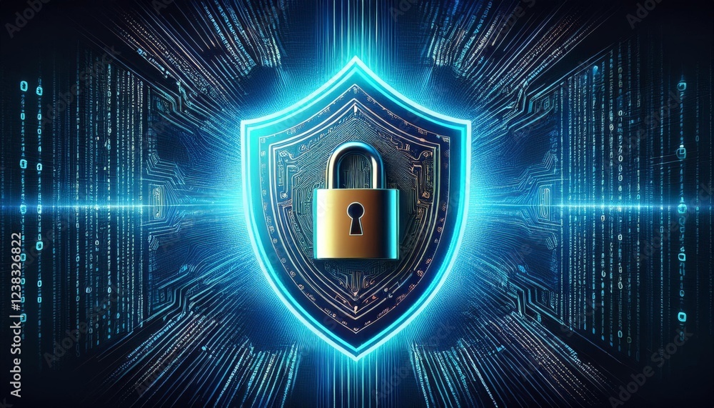 Cybersecurity concept with a digital lock and shield over a background ...