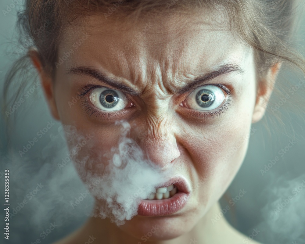A funny, realistic photo of an angry woman with big eyes and steam ...