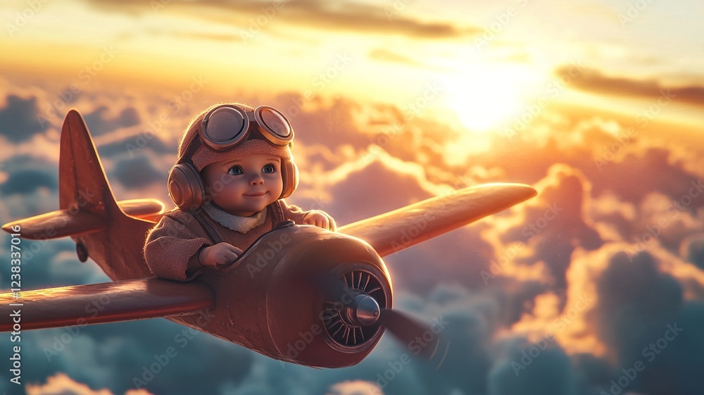 Adorable baby dressed as a pilot, sitting in a small toy airplane with ...