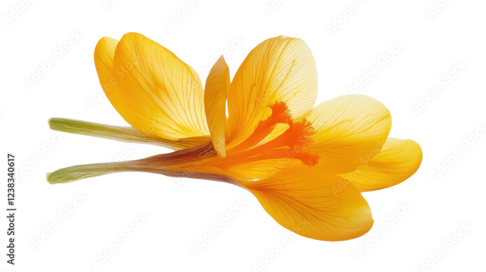 Yellow crocus blooming showing petals and stems on transparent ...