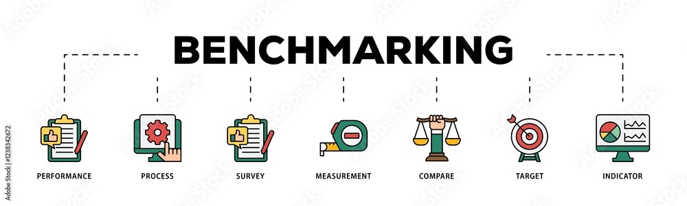 Benchmarking infographic icons flow process which consists of ...
