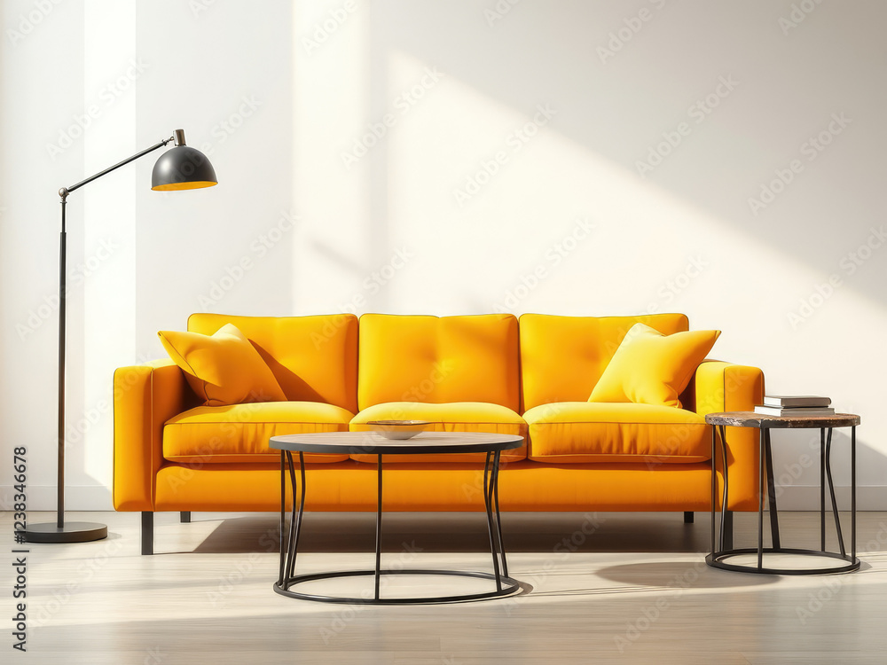 Sunny yellow sofa with black metal floor lamp and industrial side table ...