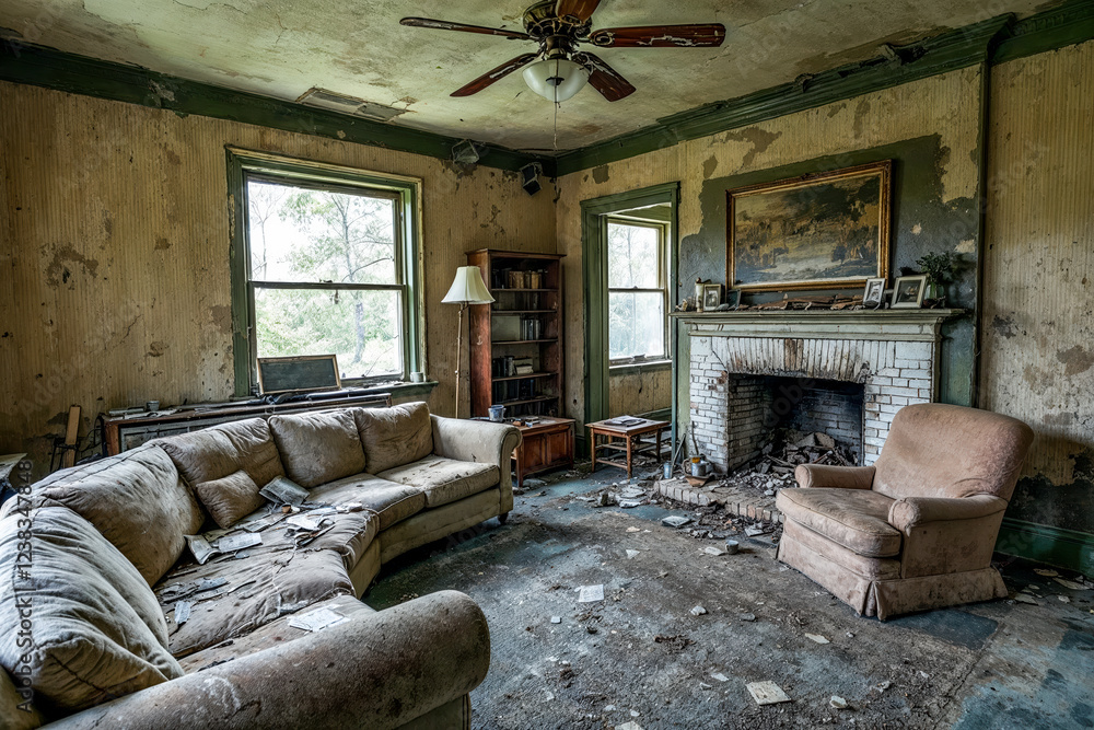 Abandoned living room with decaying furniture and scattered debris ...