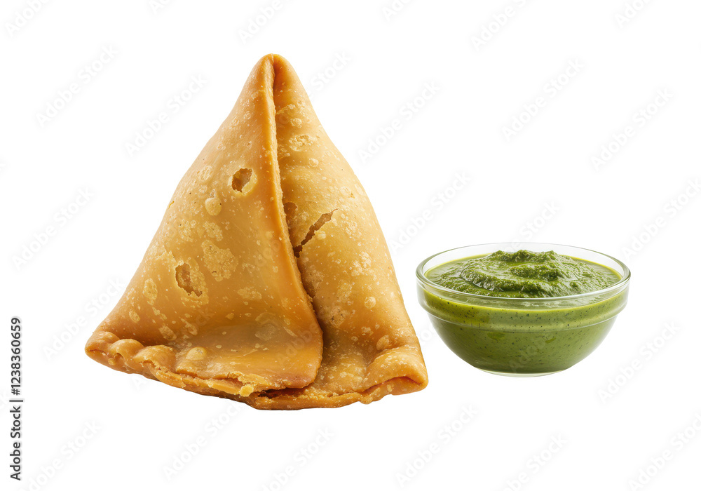 Samosa with chutney isolated on white background, front view, no depth ...