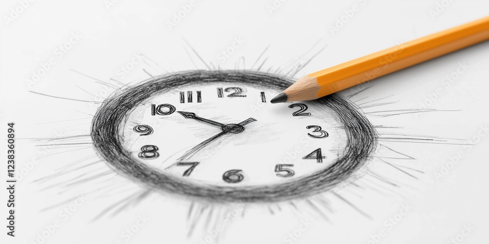 Pencil drawing of a clock with distorted numbers symbolizing problems ...