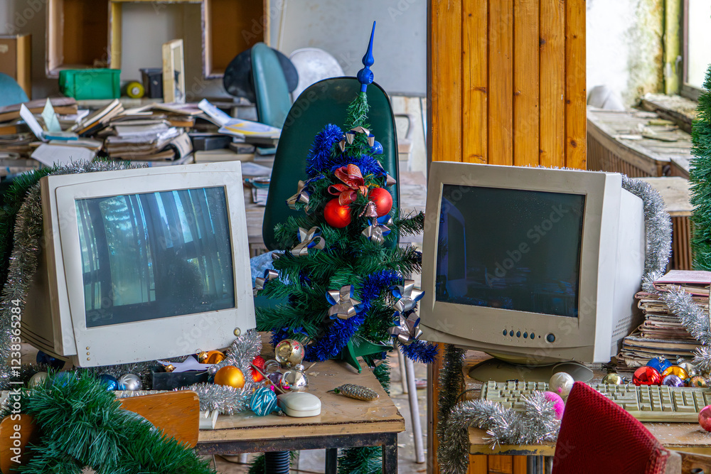 abandoned office in an old production plant. old computers and computer ...