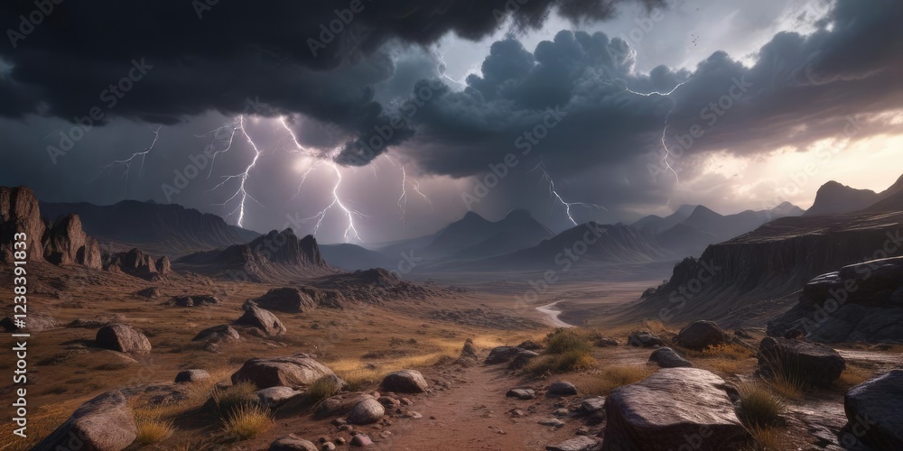 Turbulent sky with dark clouds and lightning flashes over rugged ...