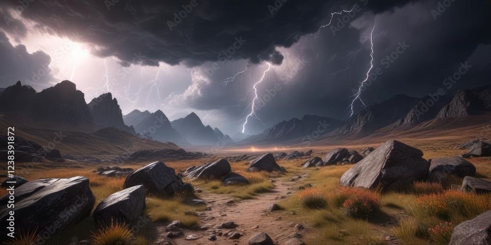 Turbulent sky with dark clouds and lightning flashes over rugged ...