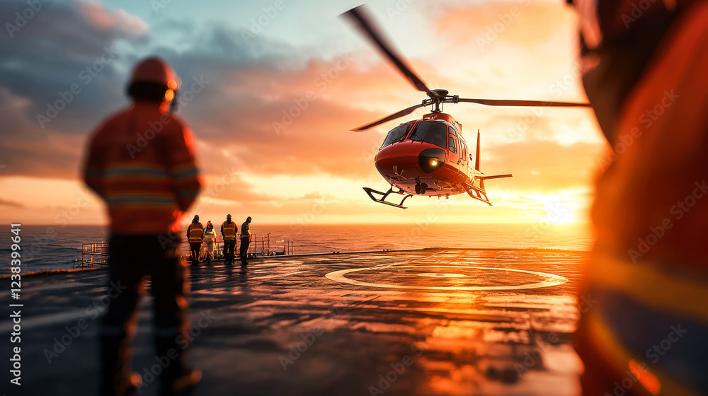 Offshore oil rig helicopter landing pad at sunset with workers ...