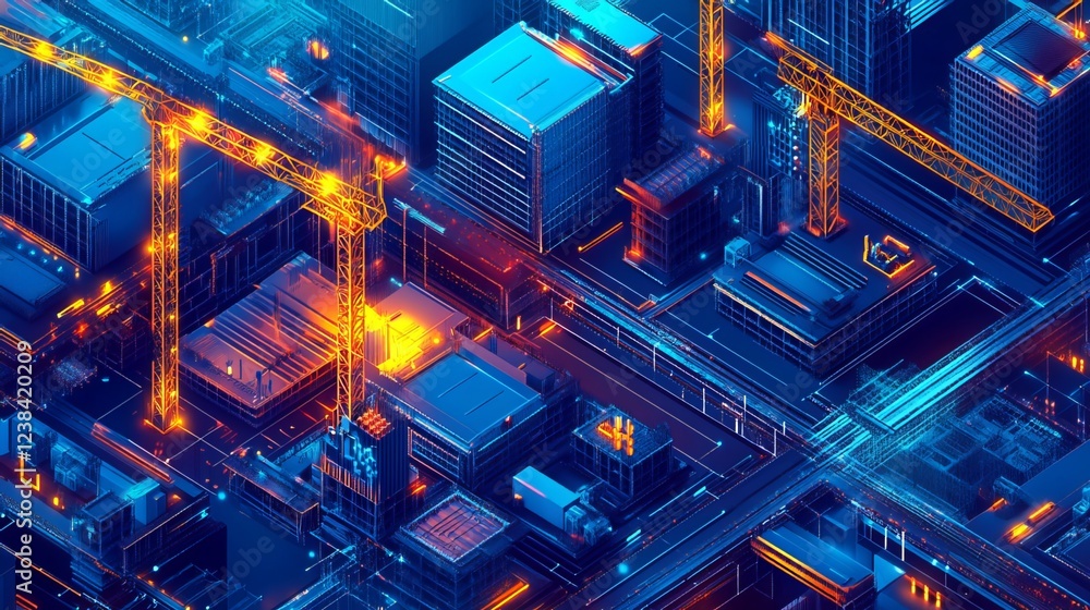 Digital construction site. Building project, 3D Printing, Modular Construction, Modeling ...