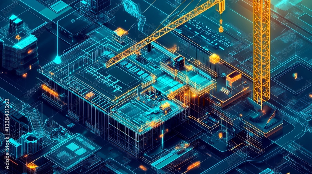 Digital construction site. Building project, 3D Printing, Modular Construction, Modeling ...