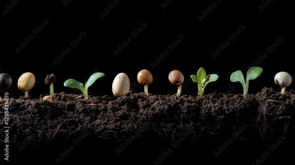 Growth Stages of Plants and Mushrooms Displayed on Dark Background ...