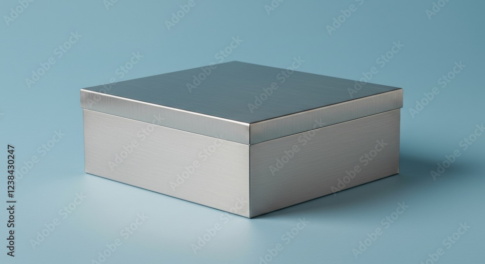 Minimalist silver metal box on light blue background for modern storage ...