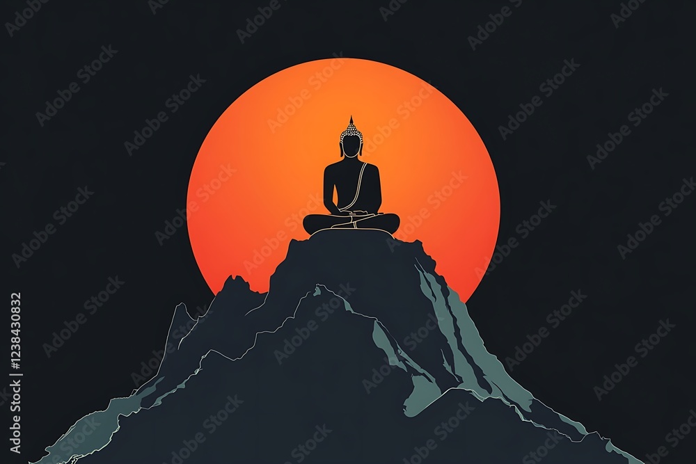 Silhouette lord buddha sitting on the top mountain with sun setting ...
