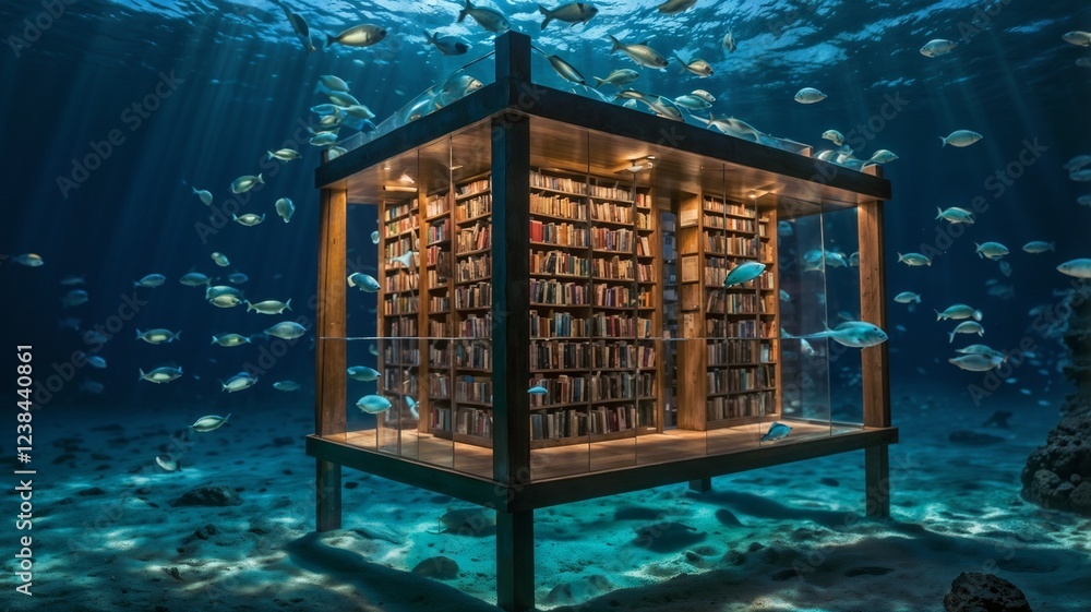 An underwater library filled with floating books, where deep-sea ...