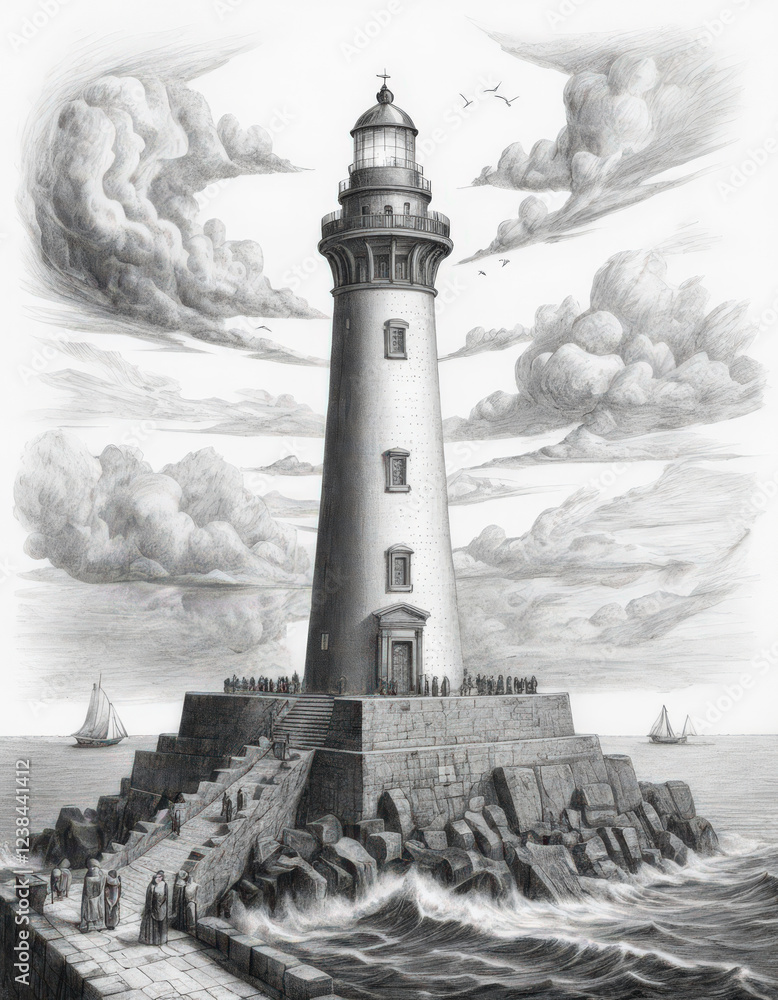 Pencil drawing of the lighthouse of Alexandria, one of the seven ...