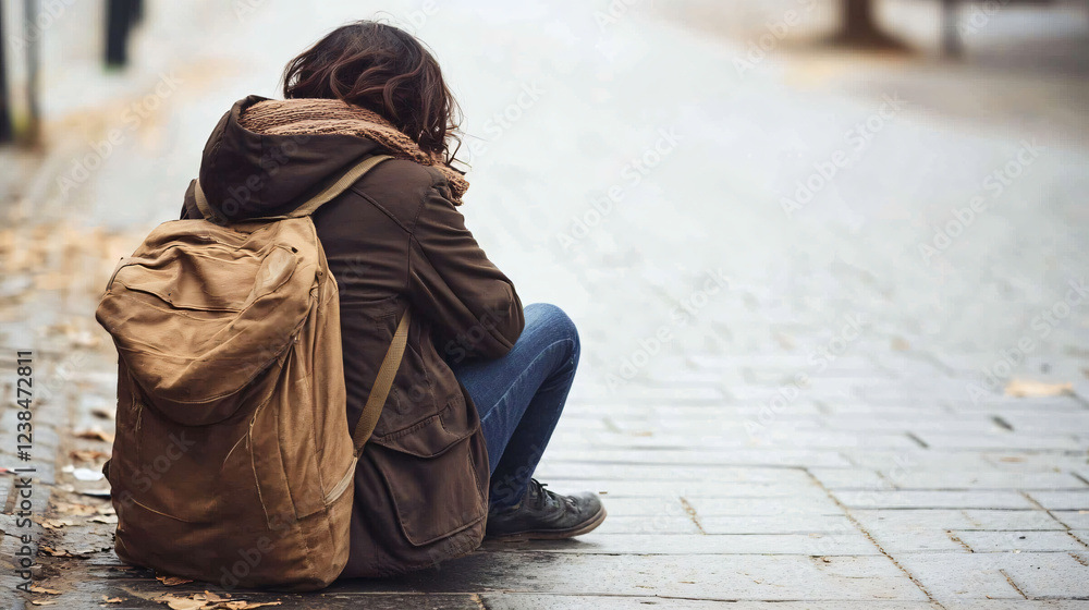 Homeless light skinned Black woman sit sidewalk back turned thoughtful ...