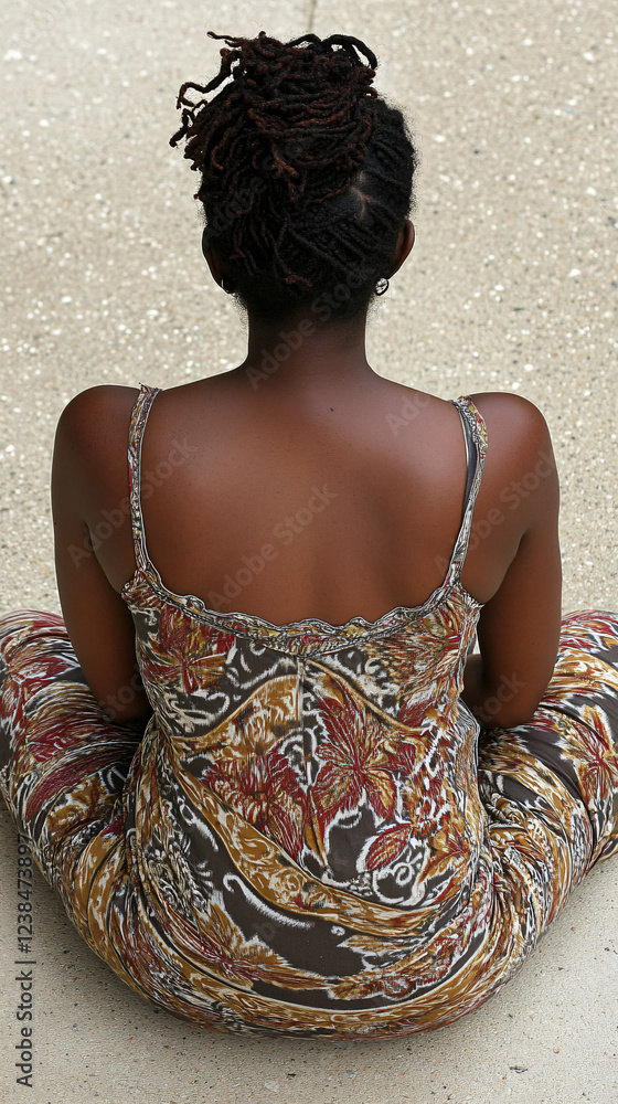 Homeless light skinned Black woman sit sidewalk back turned thoughtful ...