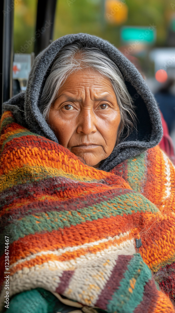 Homeless medium skinned Indigenous woman sit bench thoughtful urban ...